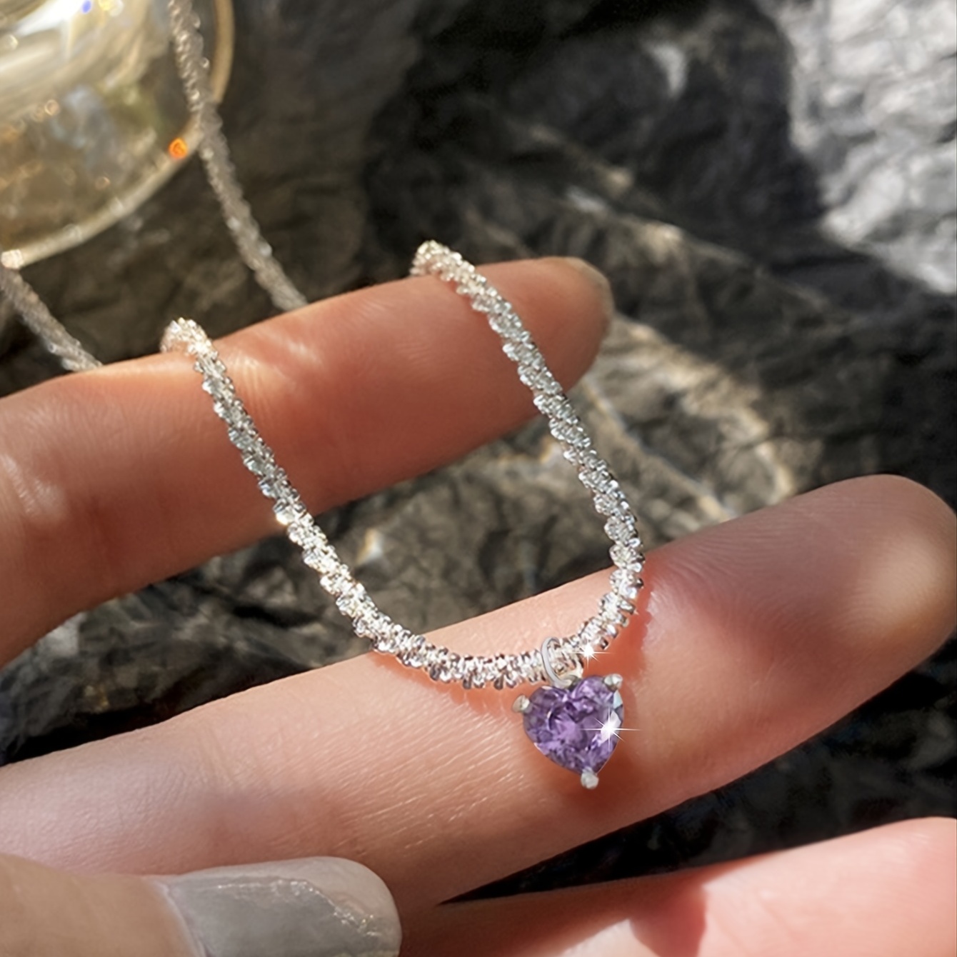 Heart Shape Shiny Pendant Necklace Sparkly Chain Sweet Neck - Temu