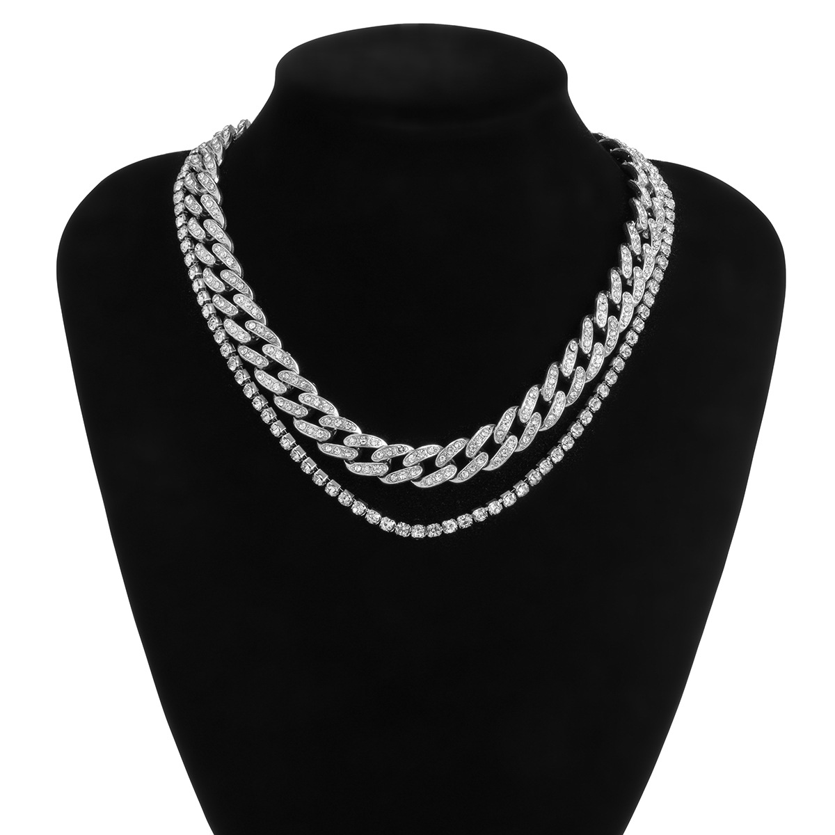 1pc Inlaid Rhinestone Cuban Chain Double Layer Claw Chain Necklace Men ...