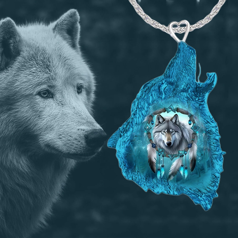 Cyan Wolf Head Resin Drop Glue Necklace Men Women - Temu Canada