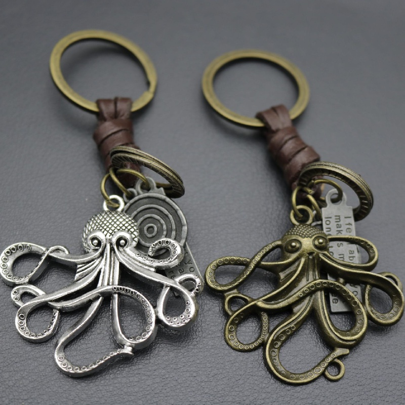 1pc Creative Keychain Alloy Bronze Octopus Pendant Vintage Weave Pu ...