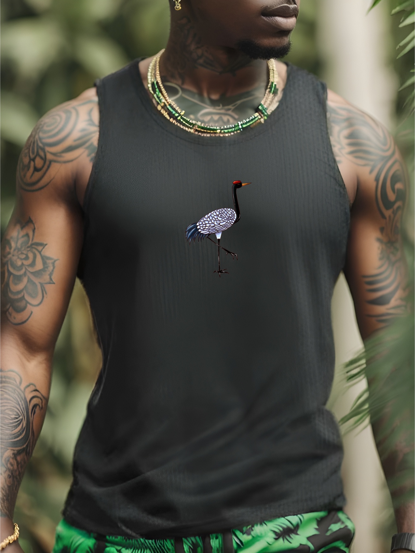 Crane Pattern Print Men's A Shirt, Casual Breathable Comfy Sleeveless ...