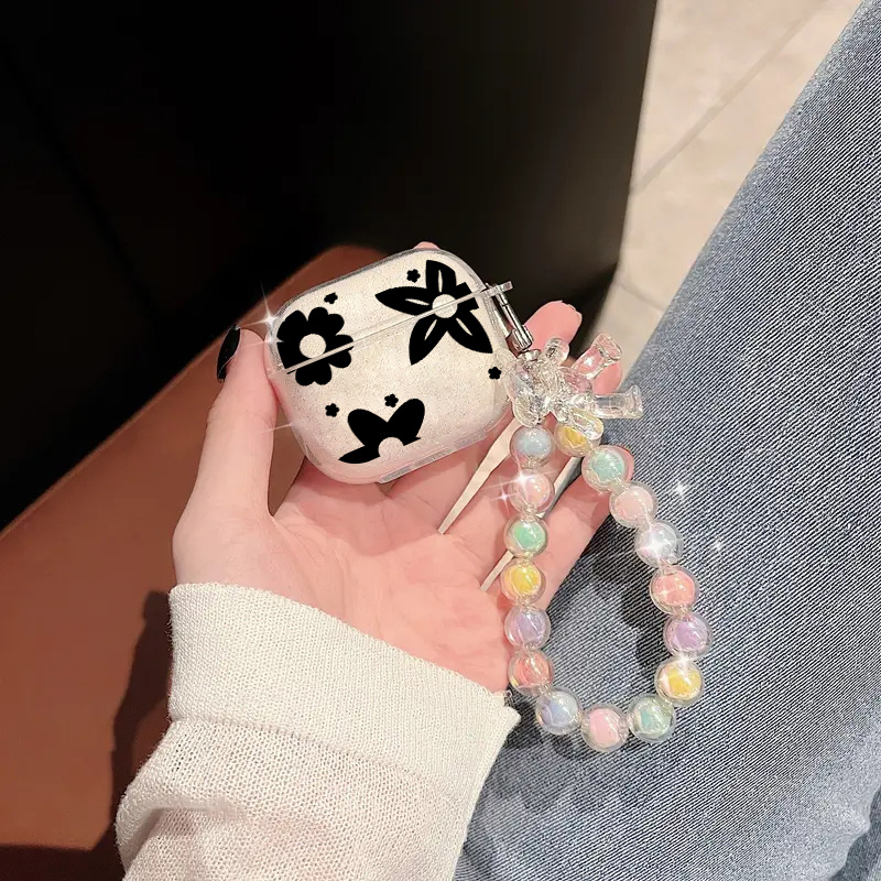 דוב שיפוע עם דפוס חרוזי שרוך נרתיק לאוזניות פרח שחור עבור - Temu Israel