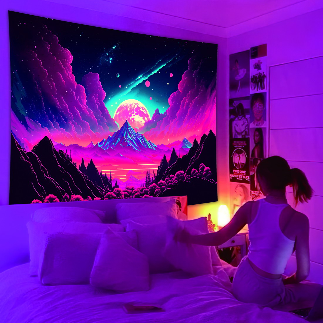 Uv Reactive Blacklight Tapestry Psychedelic Star Mountains - Temu Canada