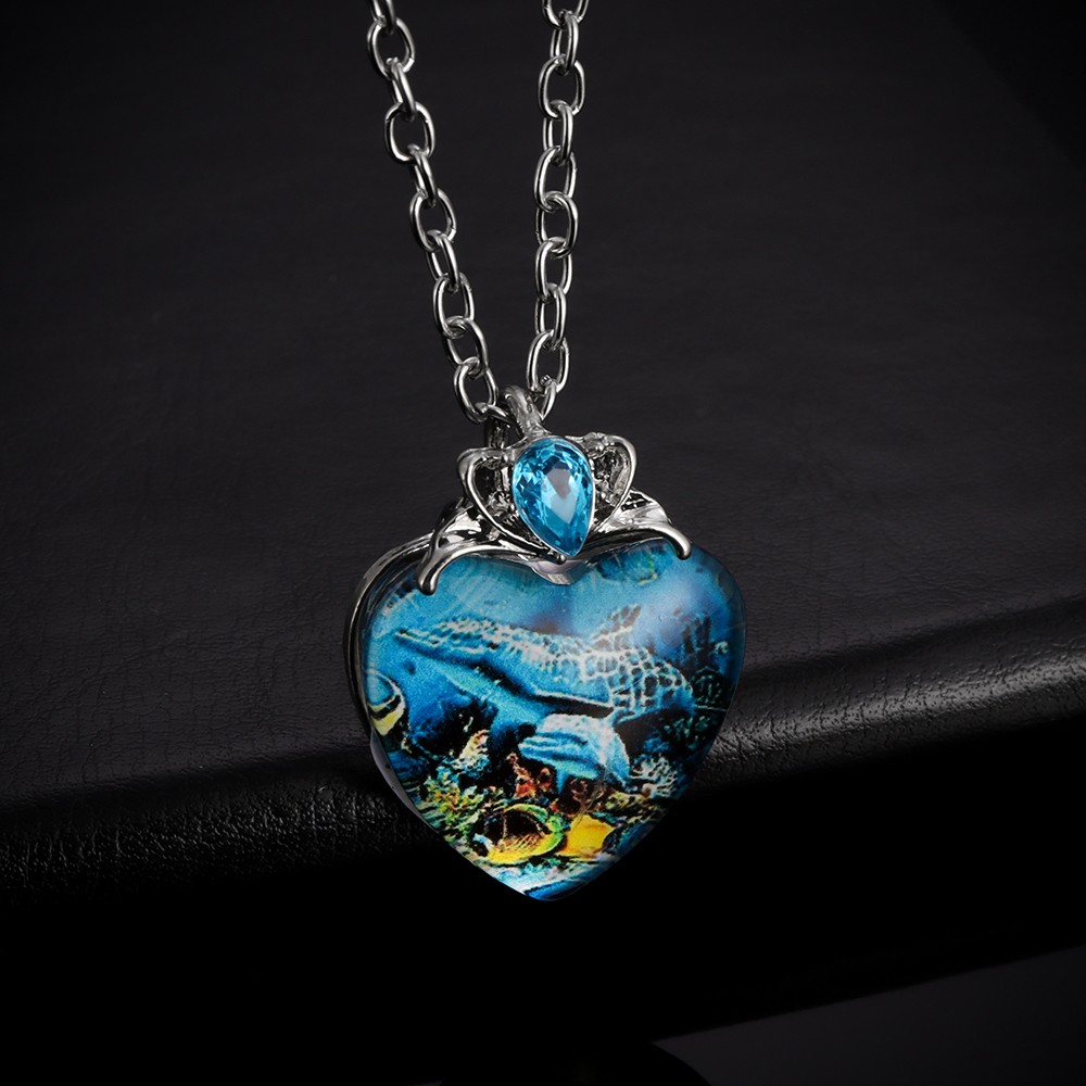 Fashion Fish And Dolphin Patten Necklace Heart Shaped Glass - Temu ...