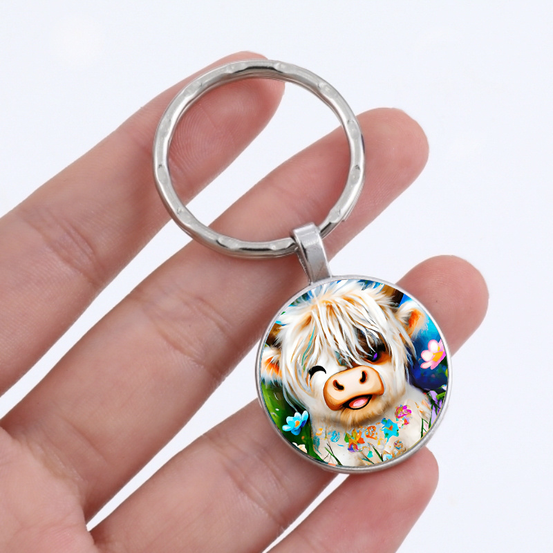 Cute Cow Keychain For Men Fashion Round Creative Painted Animal Metal ...