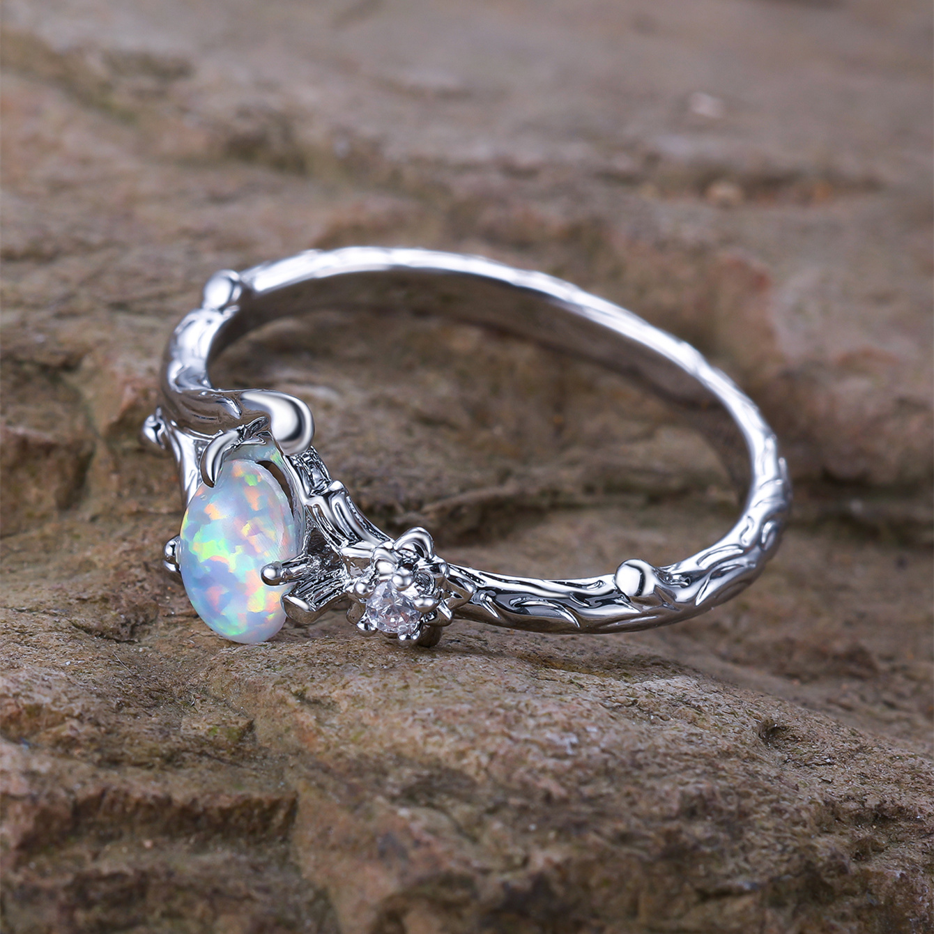 Classic Promise Ring Inlaid Shining Opal Retro Branch Design - Temu ...