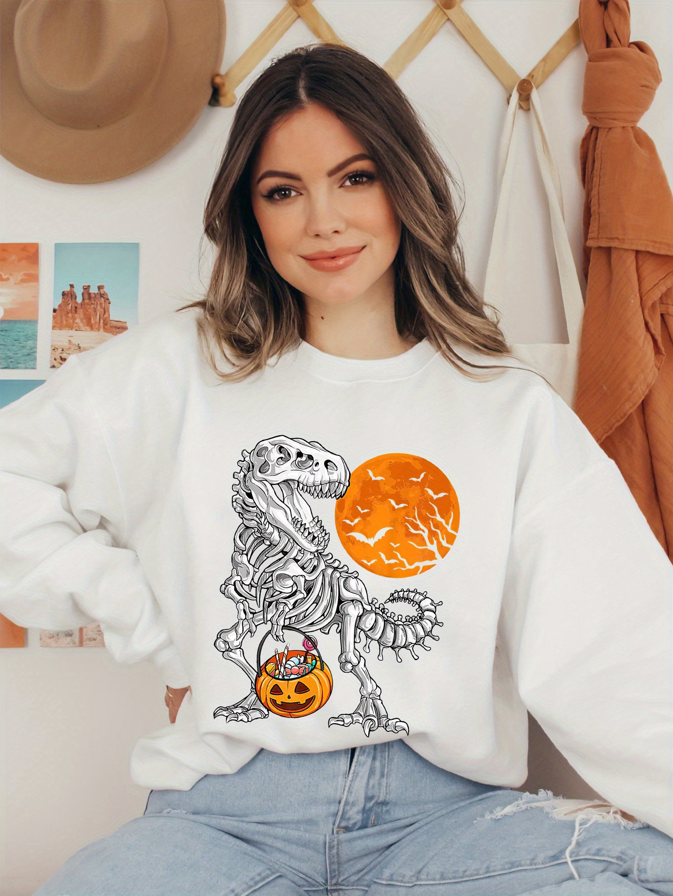 Halloween Dinosaur Skull Print Sweatshirt Casual Crew Neck - Temu Canada