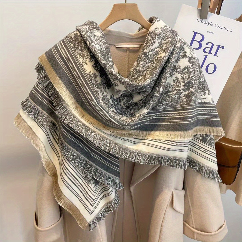 Boho Plant Jacquard Fringe Scarf Imitation Cashmere Soft - Temu Australia