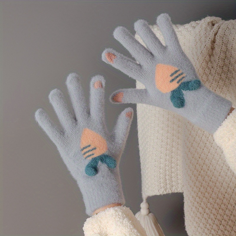 Cute Jacquard Knit Gloves Short - Temu
