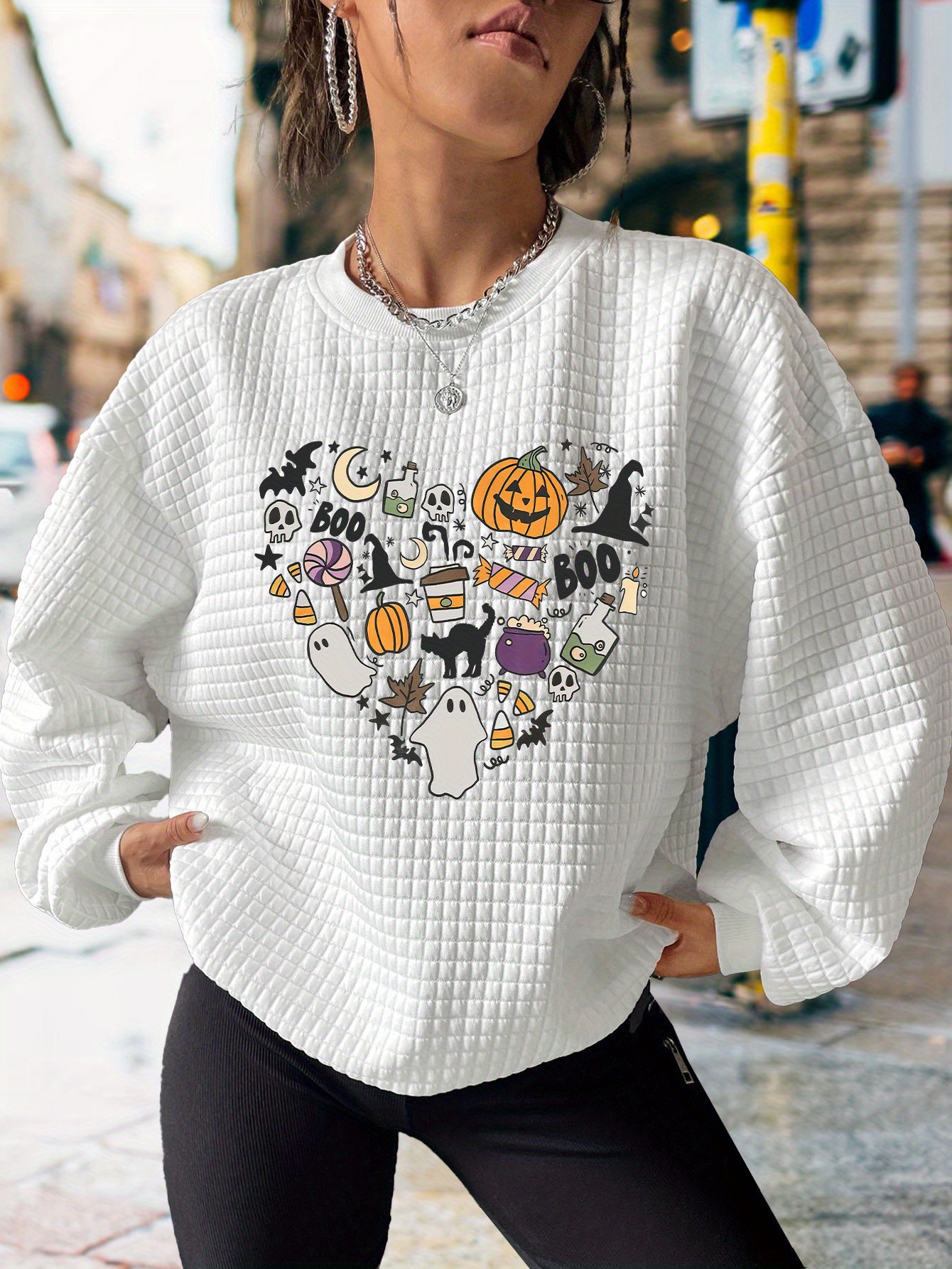Halloween Graphic Print Waffle Sweatshirt Casual Crew Neck - Temu Canada