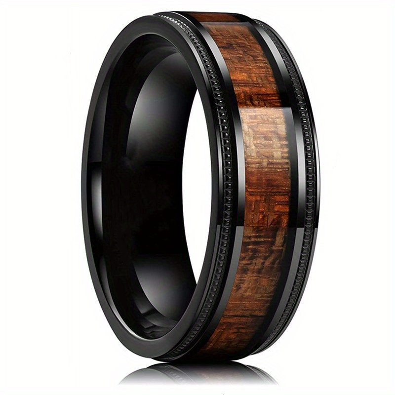 Fashion Black Wood Grain Stainless Steel Ring Men - Temu United Kingdom
