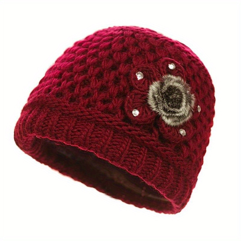 Rhinestone Flower Decor Knitted Hat Ladies Winter Hat Thick - Temu ...