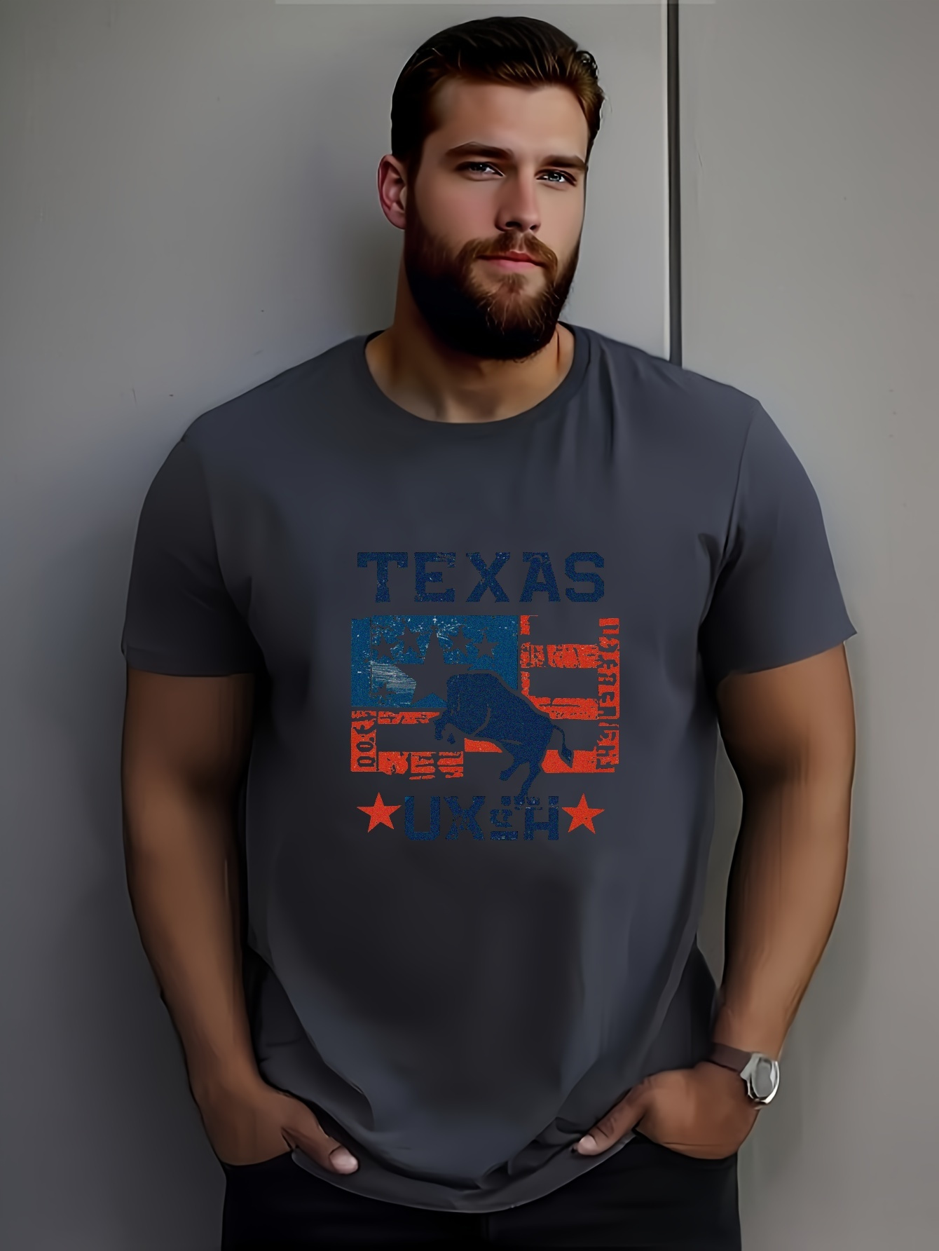 ''texas'' Bull Pattern Plus Size Men's Short Sleeve Comfy T - Temu ...