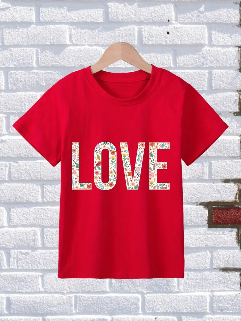 Print Short Sleeve T Shirt Girls 100 Cotton Love Comfy Tees Temu