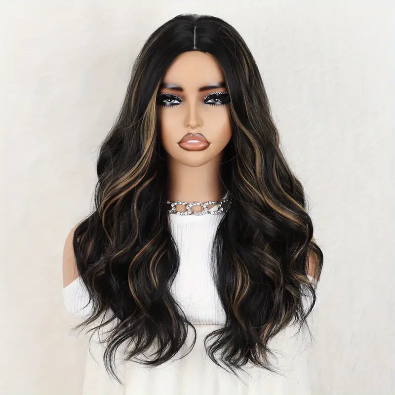 Long Wavy Black Wig Golden Highlights Women Middle Part Temu