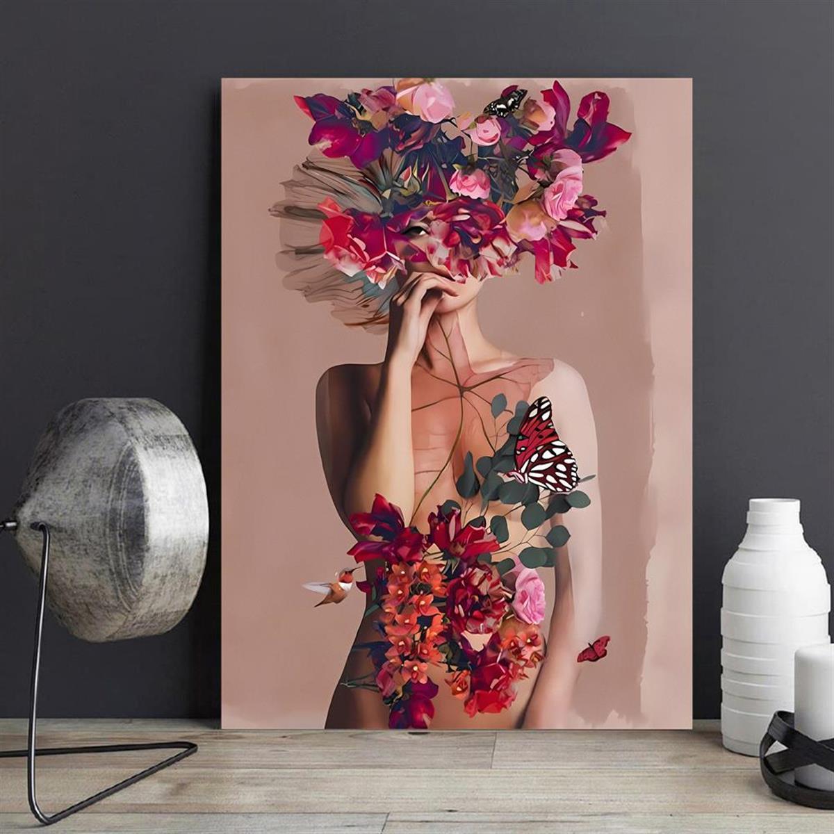 1pc 캔버스 포스터 인쇄 그림 꽃 여자 머리 캔버스 그림 여자 그림 인쇄와 장미 얼굴과 머리에 나비와 꽃을 Temu Korea