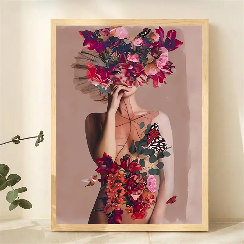 1pc 캔버스 포스터 인쇄 그림 꽃 여자 머리 캔버스 그림 여자 그림 인쇄와 장미 얼굴과 머리에 나비와 꽃을 Temu Korea