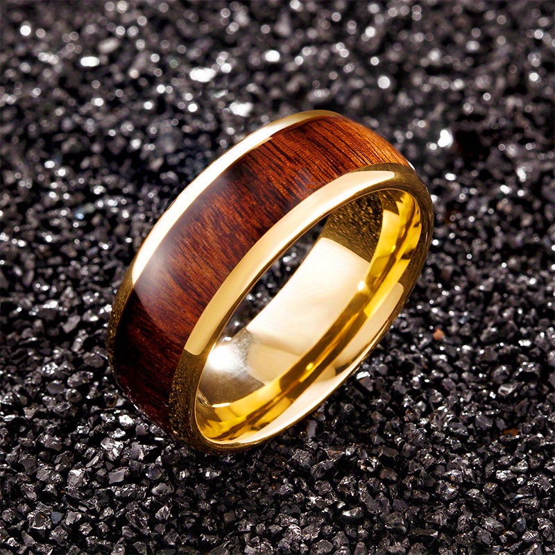 Wide Tungsten Steel Ring Golden Wood Grain Ring Black Golden - Temu ...