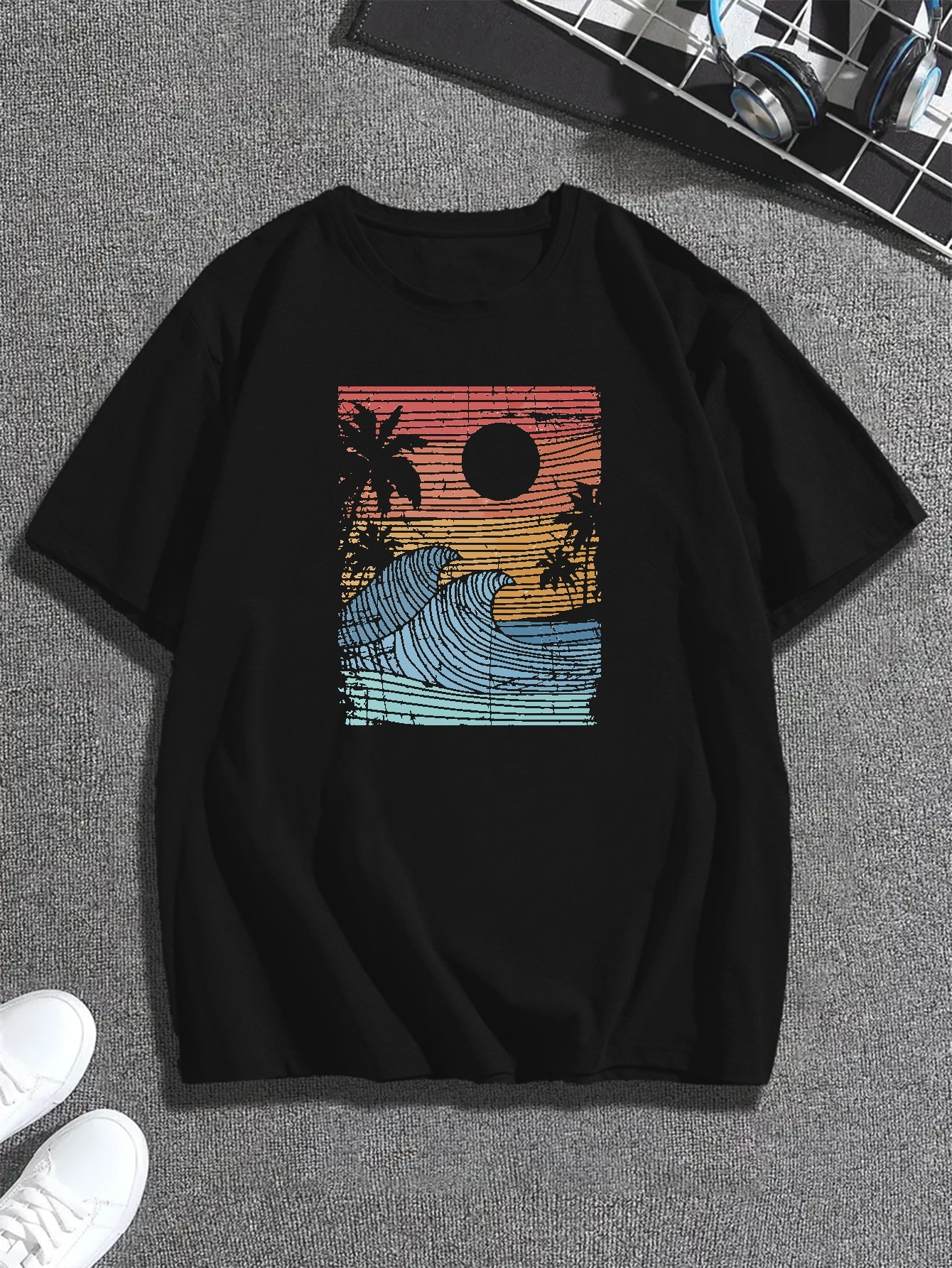 Waves Palm Trees Pattern Print Men's Casual Round Neck Short - Temu ...