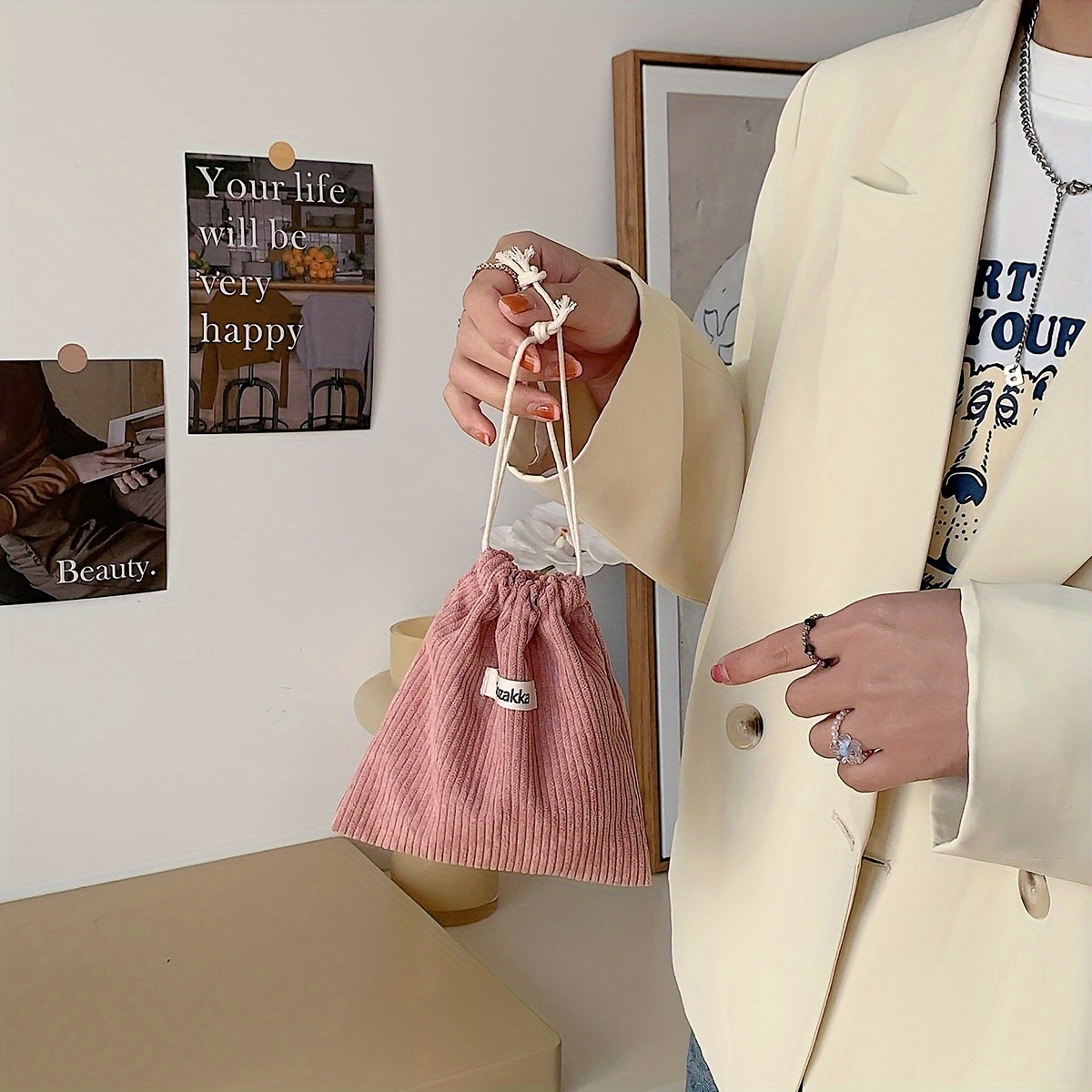 Trendy Corduroy Storage Bag Drawstring Solid Color Pouch - Temu Portugal