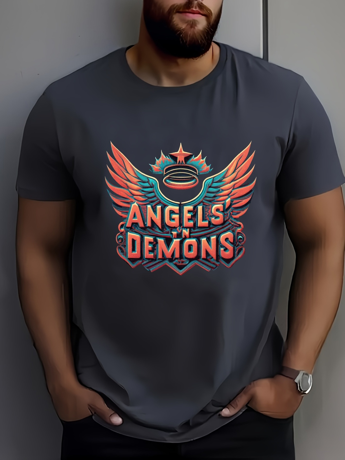 Plus Size ''angel Demon'' Print Men's Casual Tees Crew Neck - Temu Canada