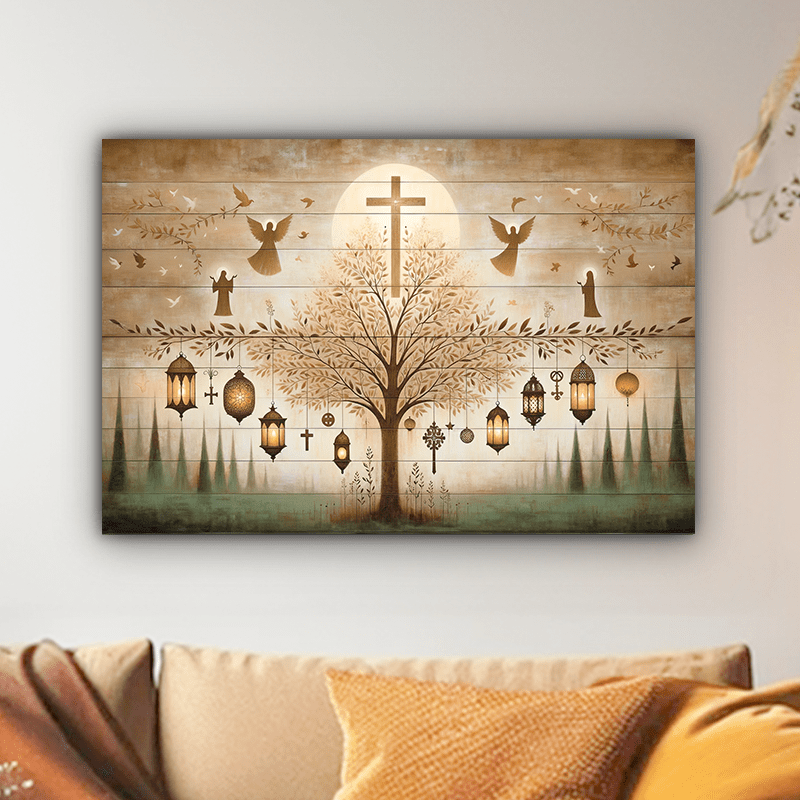Canvas Poster Modern Art Painting Tree Lanterns Doves - Temu Ireland