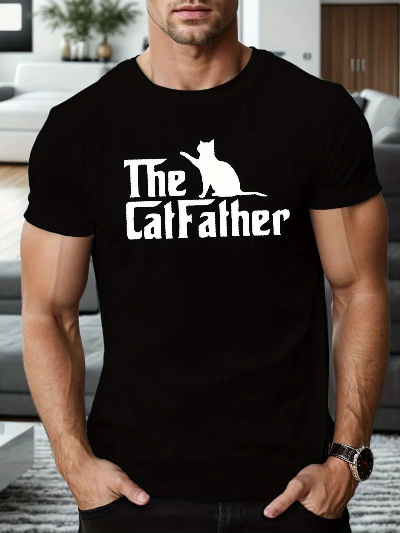 Creative Cat Print Men's Graphic Design Crew Neck Active T - Temu