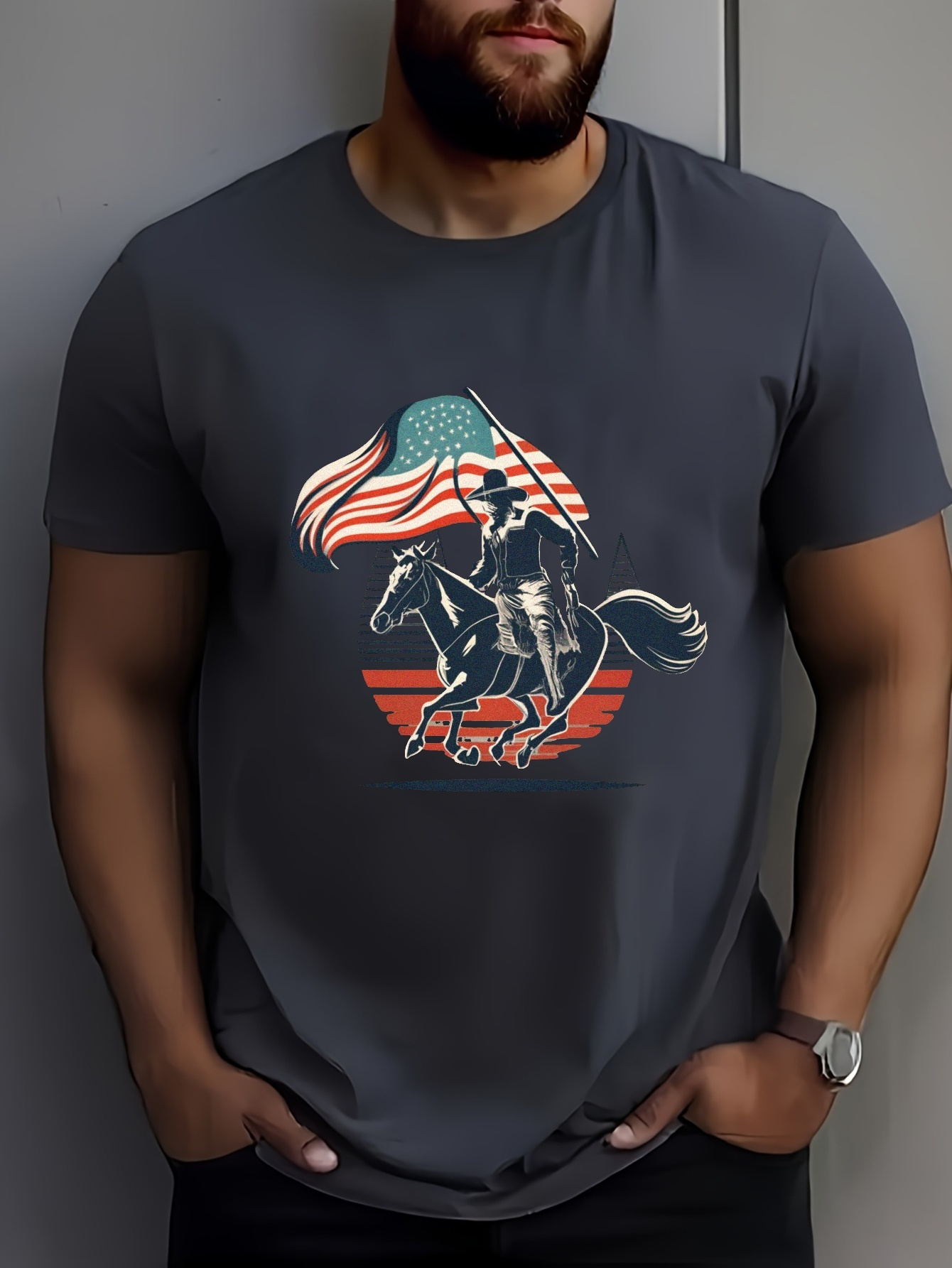 Plus Size Men's Stylish Loose Horse Rider Pattern Shirt - Temu New Zealand