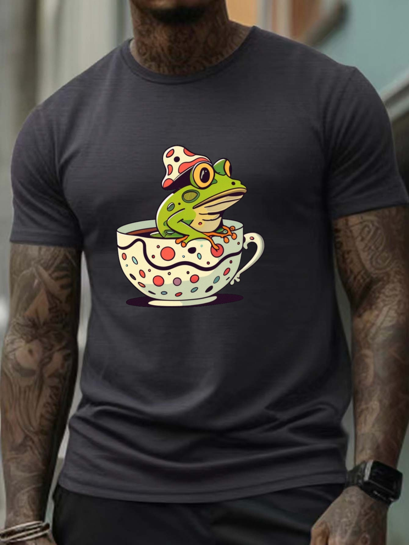 Men's Trendy Short Sleeve Cartoon Frog Mushroom Cup Print T - Temu New Zealand