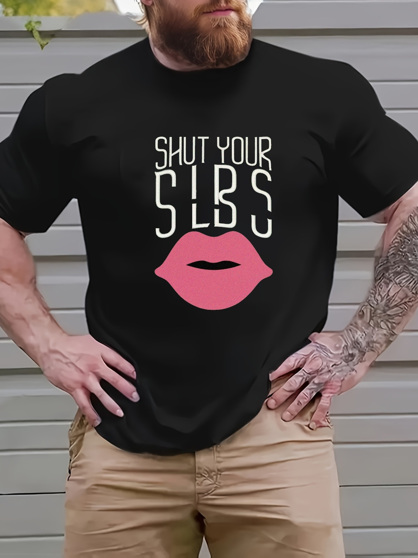 ''shut lip'' pattern plus size men's short sleeve comfy t - Temu Australia