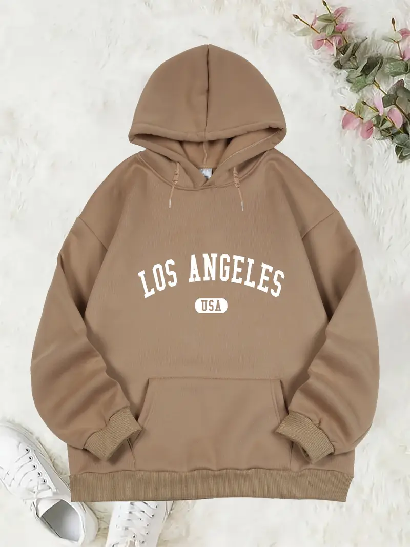 Los Angeles Print Solid Color Drawstring Hoodie Pullover Temu