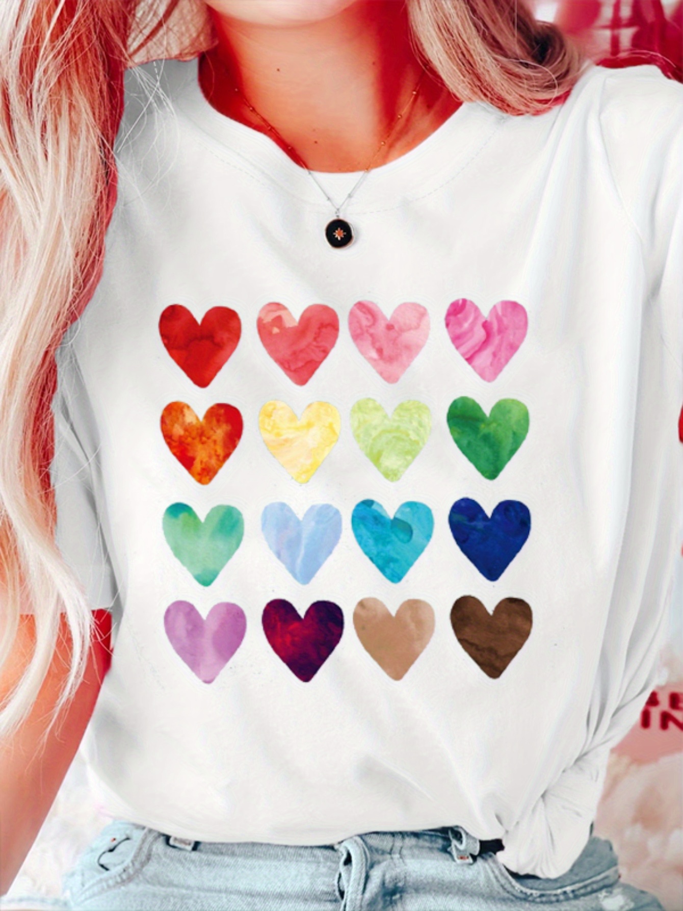 Colorful Heart Print T shirt Casual Short Sleeve Crew Neck - Temu Philippines