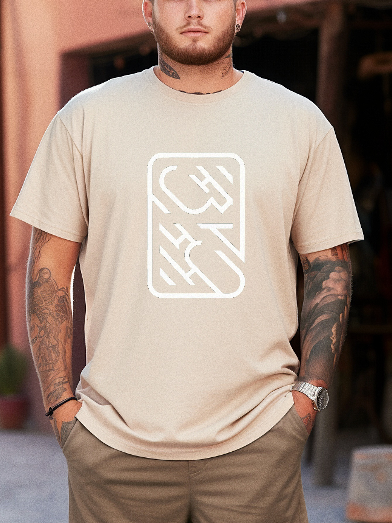 Plus Size Rectangle Logo Print T shirt For Men Stylish Short - Temu Canada