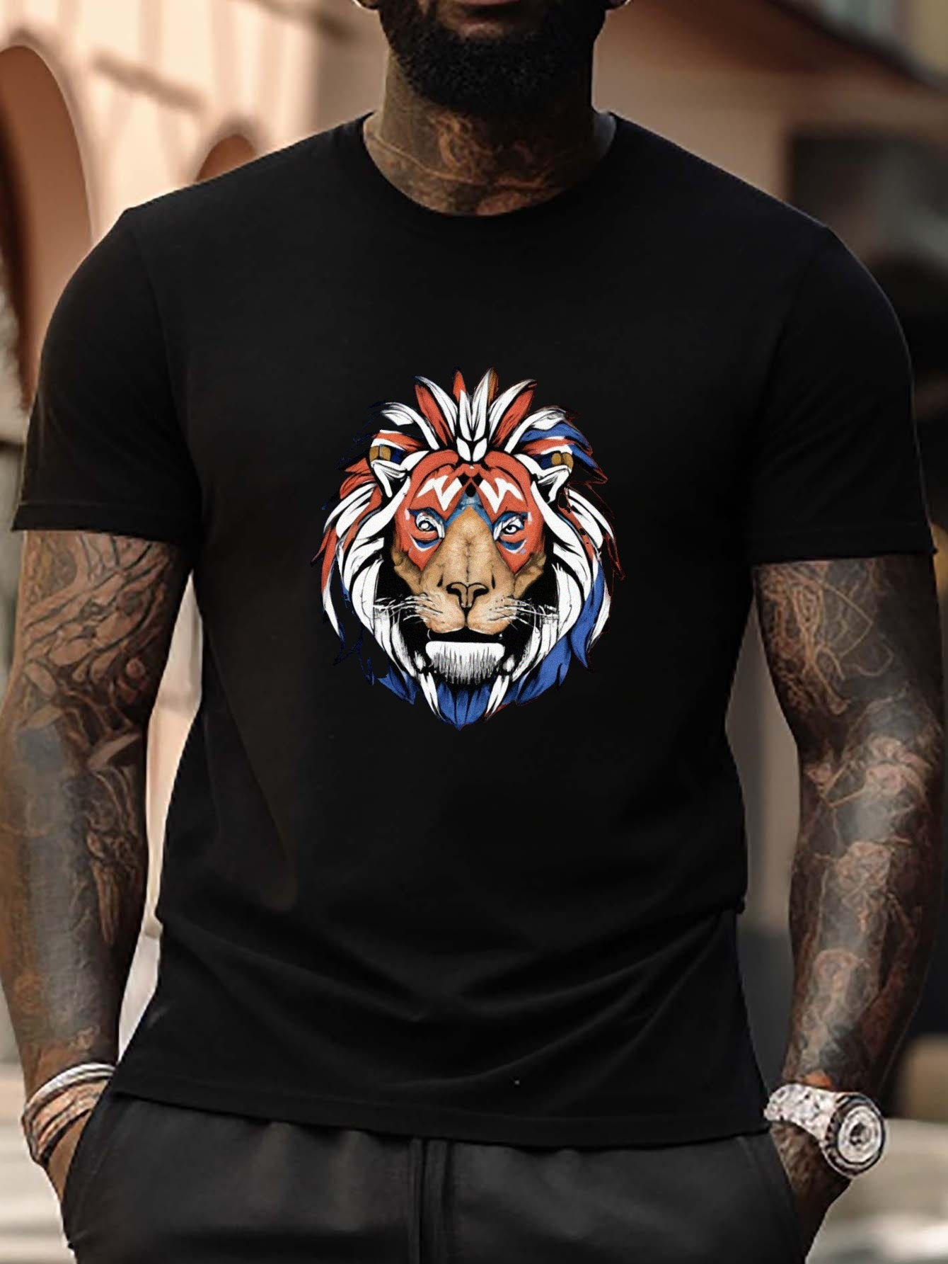 Creative Lion Print Men's Graphic Design Crew Neck Active T - Temu Canada