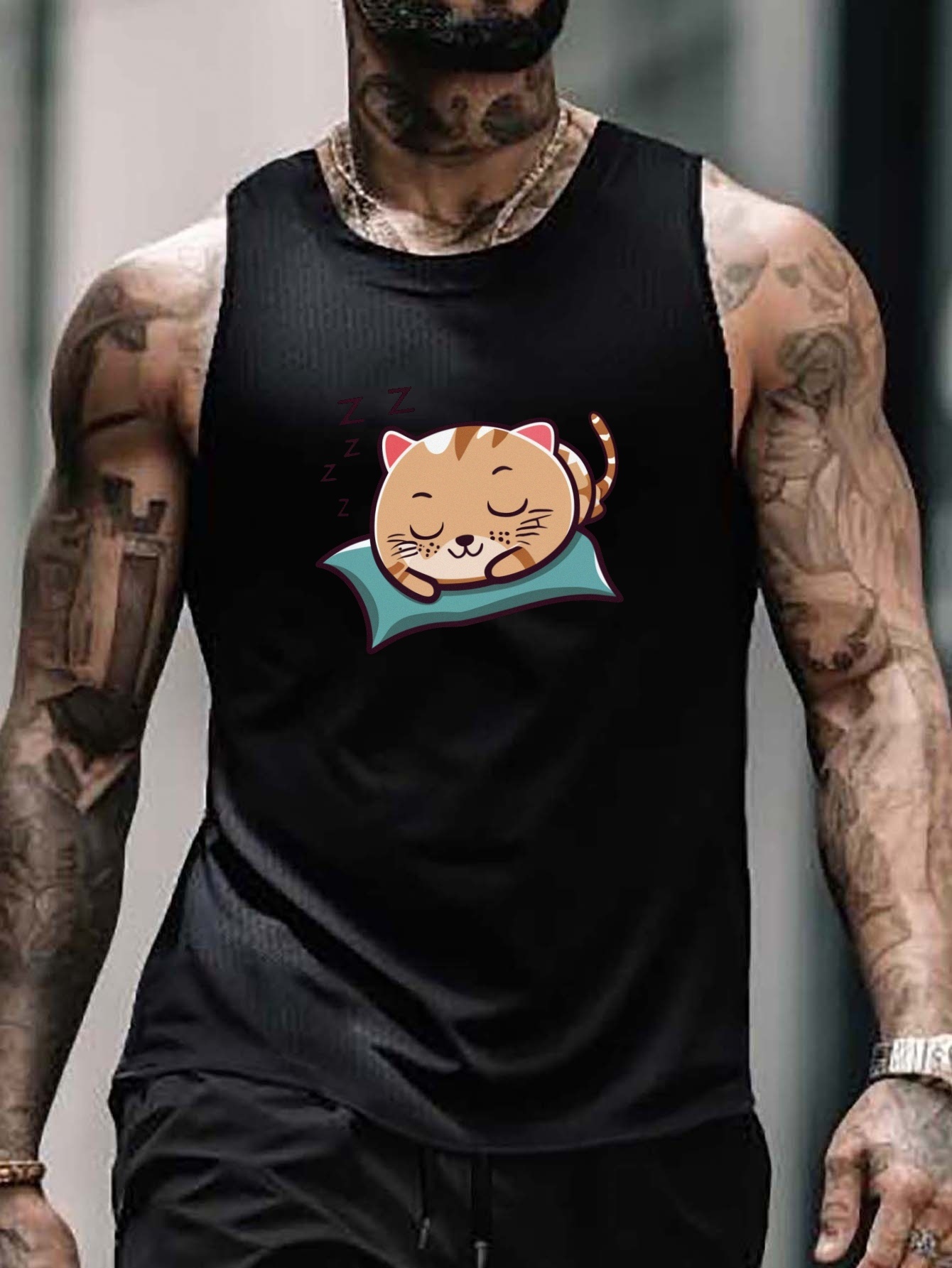 Cat Napping Print Sleeveless Tank Top Men's Active - Temu New Zealand