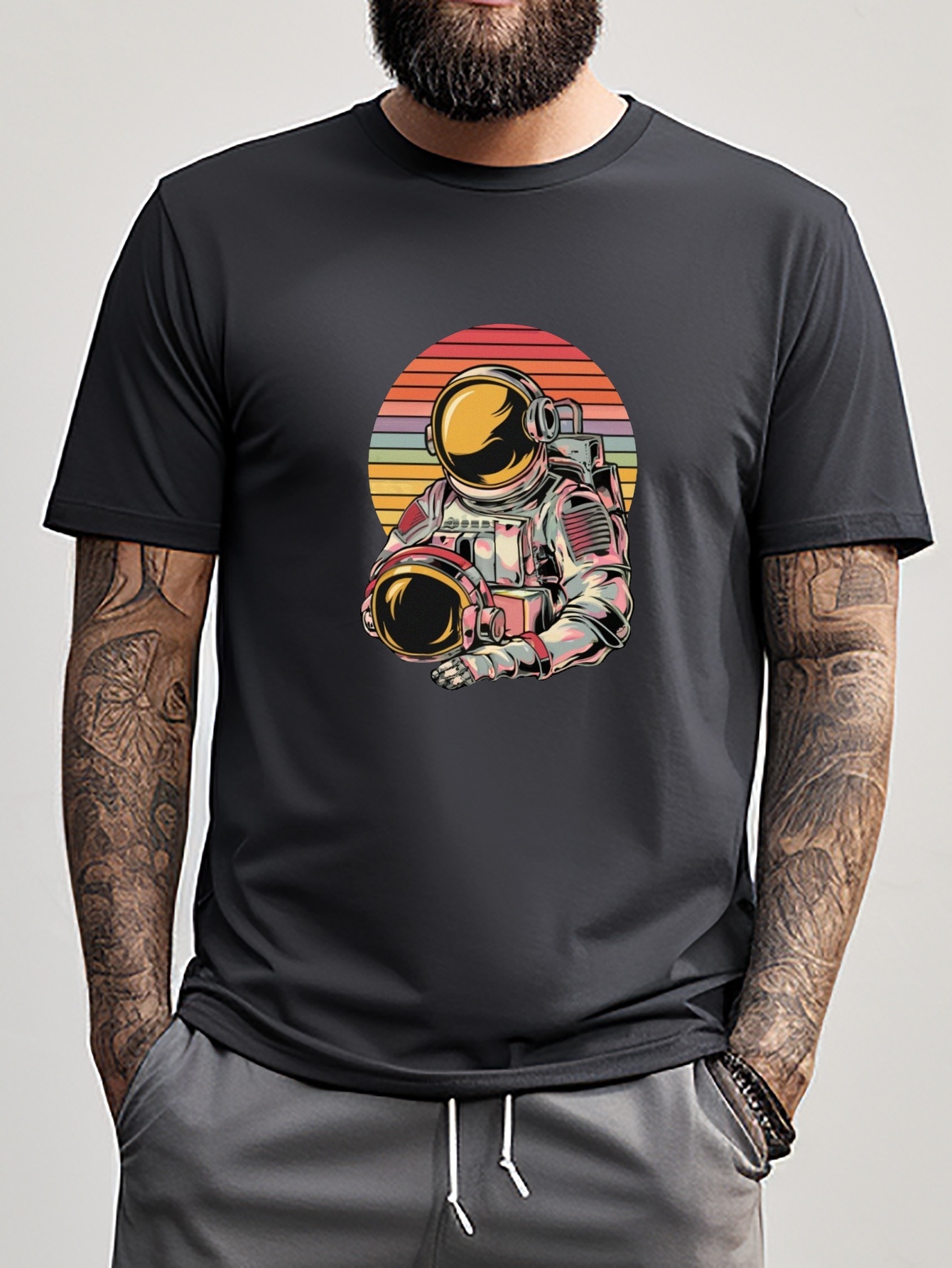 Retro Comic Spaceman Pattern Men's Casual Short Sleeve Crew - Temu New ...