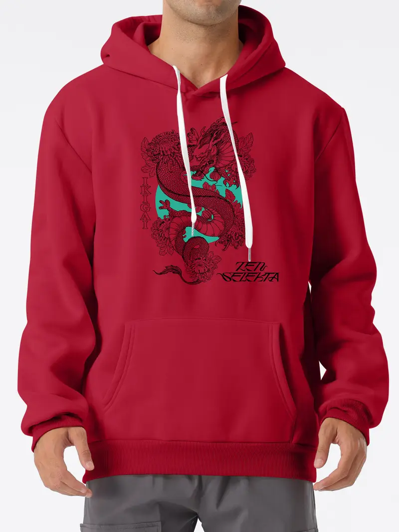 Dragon Print Kangaroo Pocket Hoodie Casual Long Sleeve Temu Canada