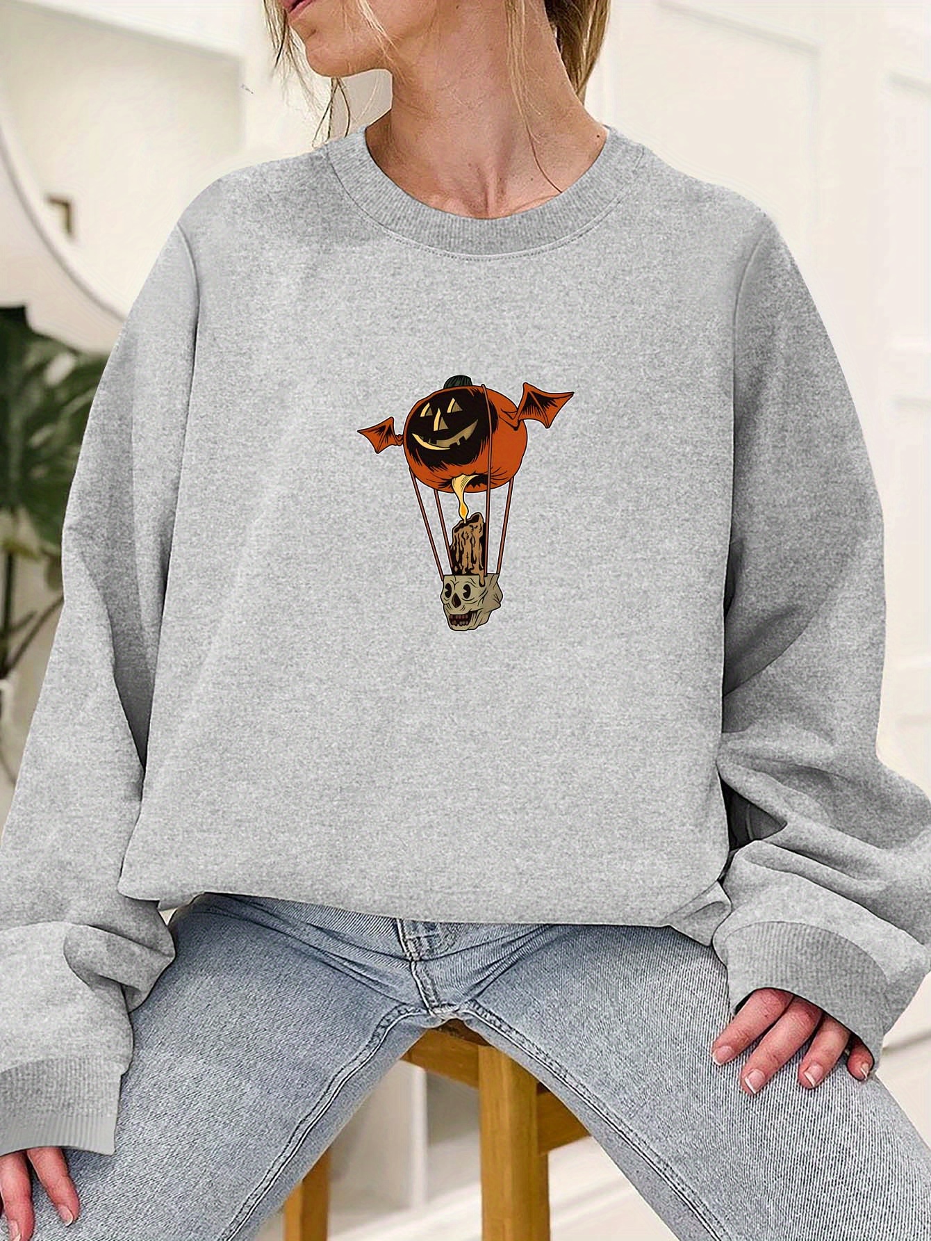 Halloween Pumpkin Skull Print Round Neck Sweatshirt Long - Temu Canada