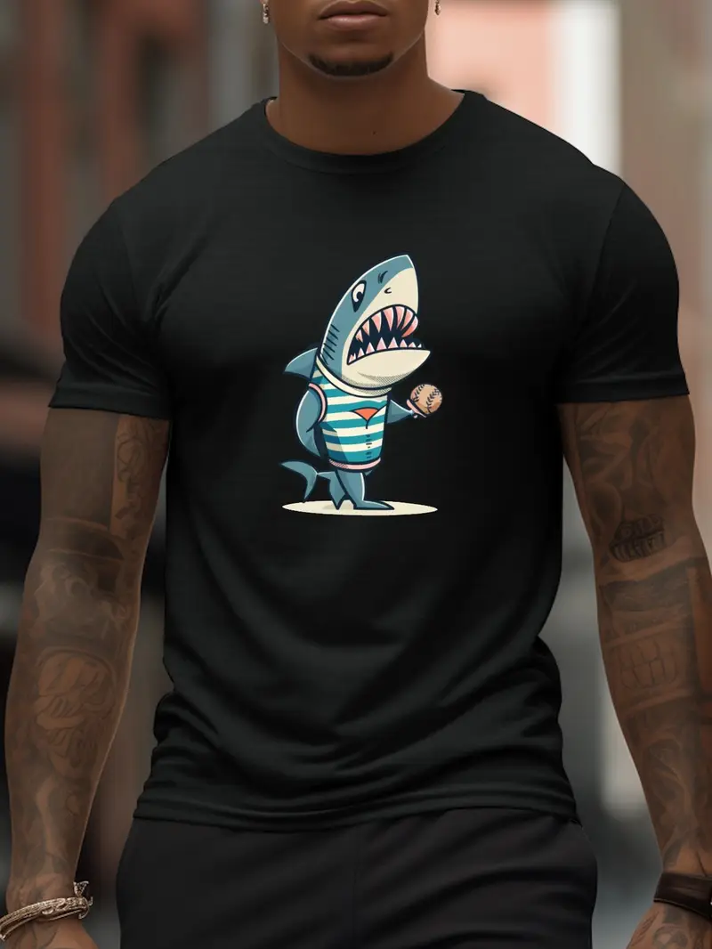 Cartoon Shark Graphic Print Mens Creative Top Casual Short Temu