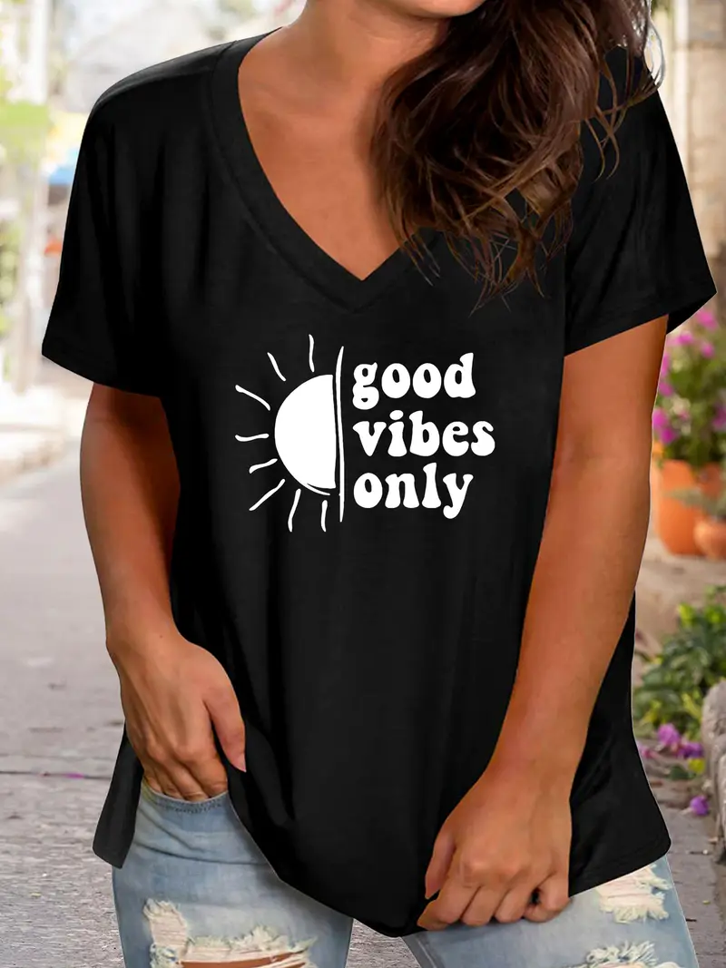 Sun Letter Print T Shirt Plus Size Casual Short Sleeve Top Temu New