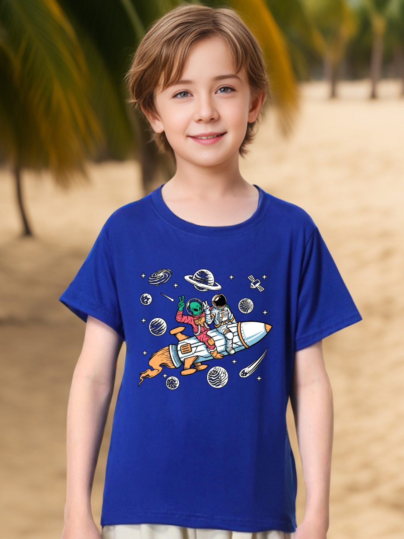 Astronaut Riding Rocket Print Tee Tops Boys Round Neck - Temu Philippines