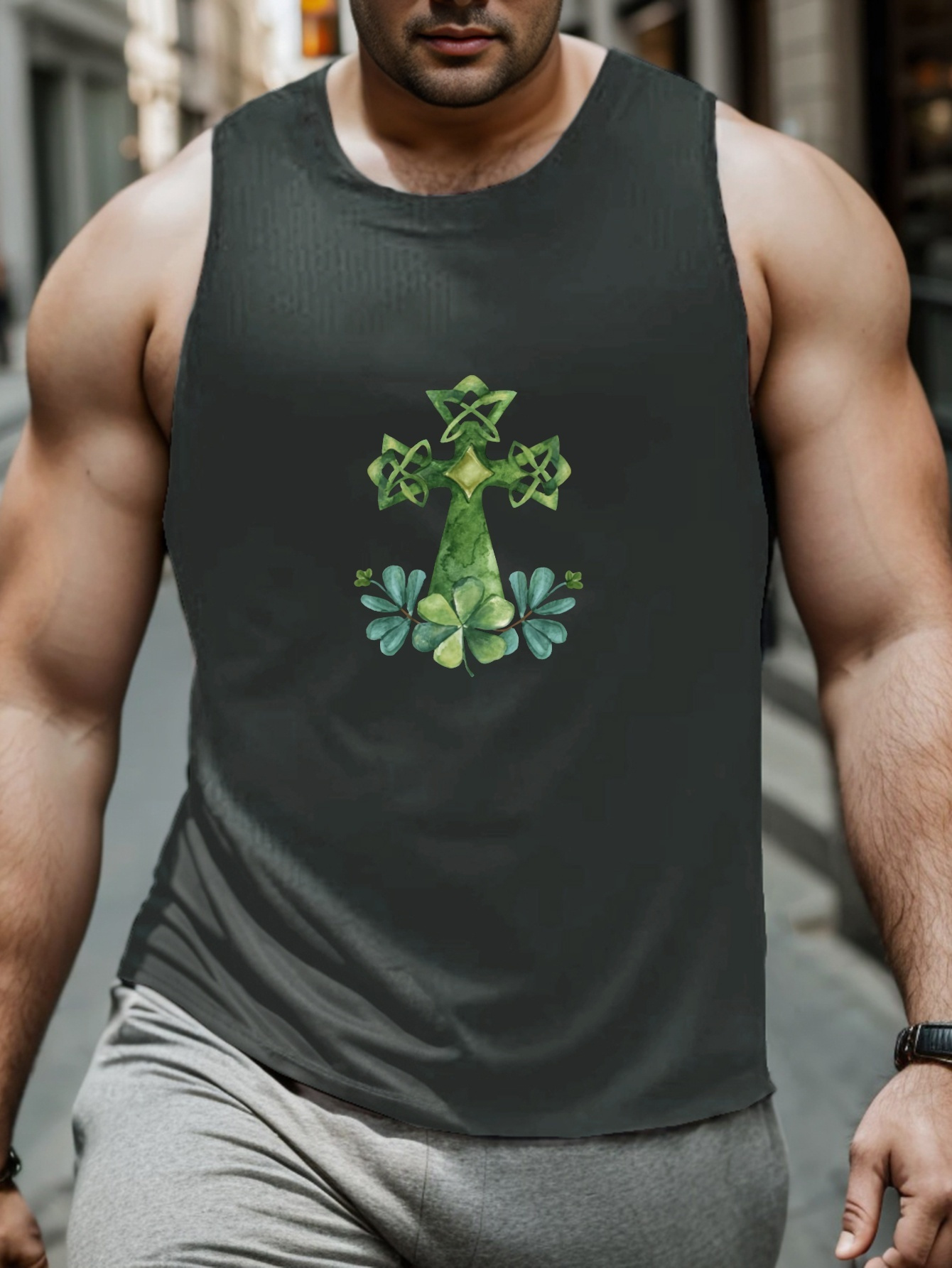 Plus Size Green Cross Print Men's Sleeveless Tank Tops Comfy - Temu Ireland