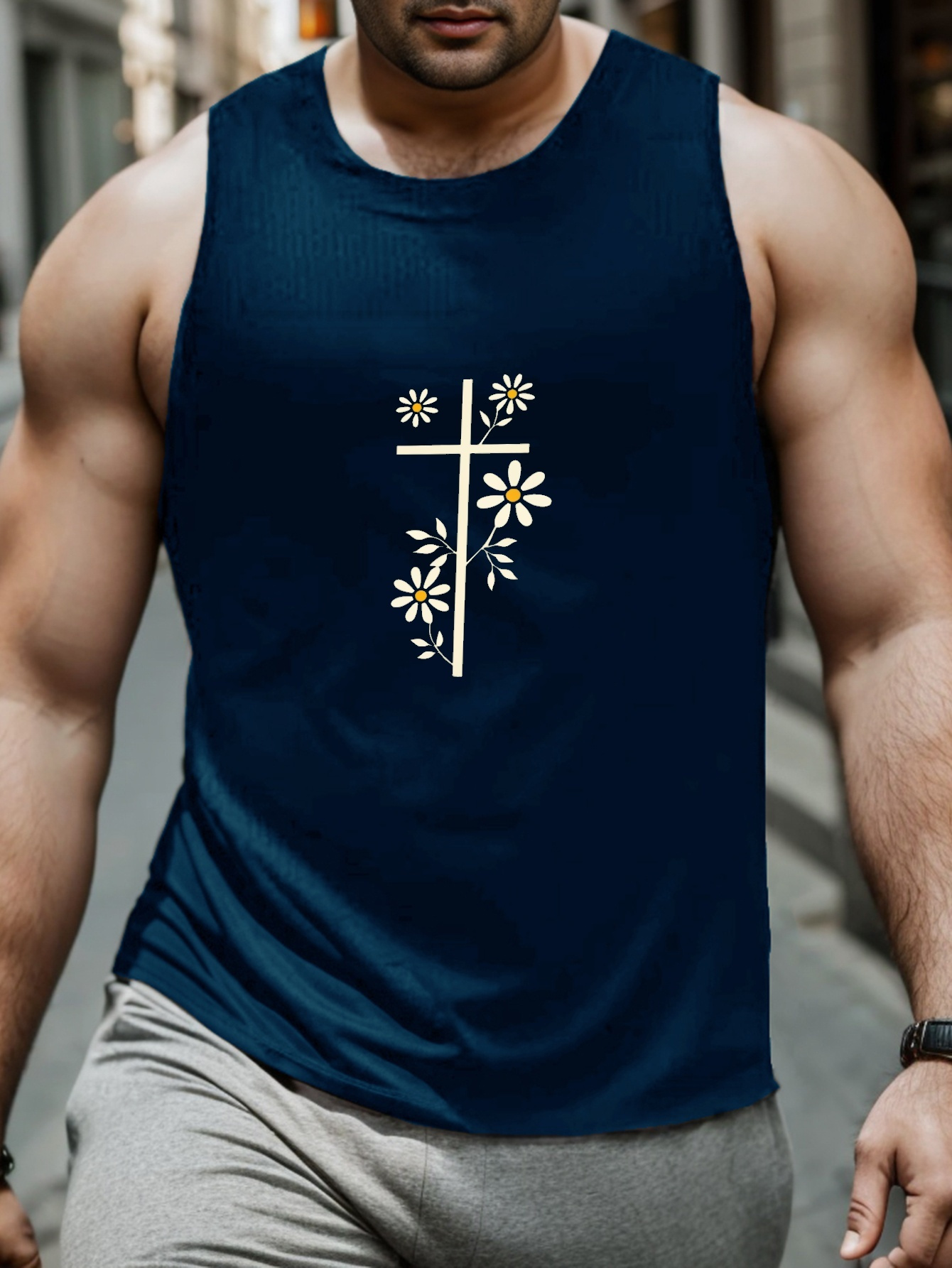 Plus Size Cross Flower Print Men's Sleeveless Tank Tops - Temu Ireland