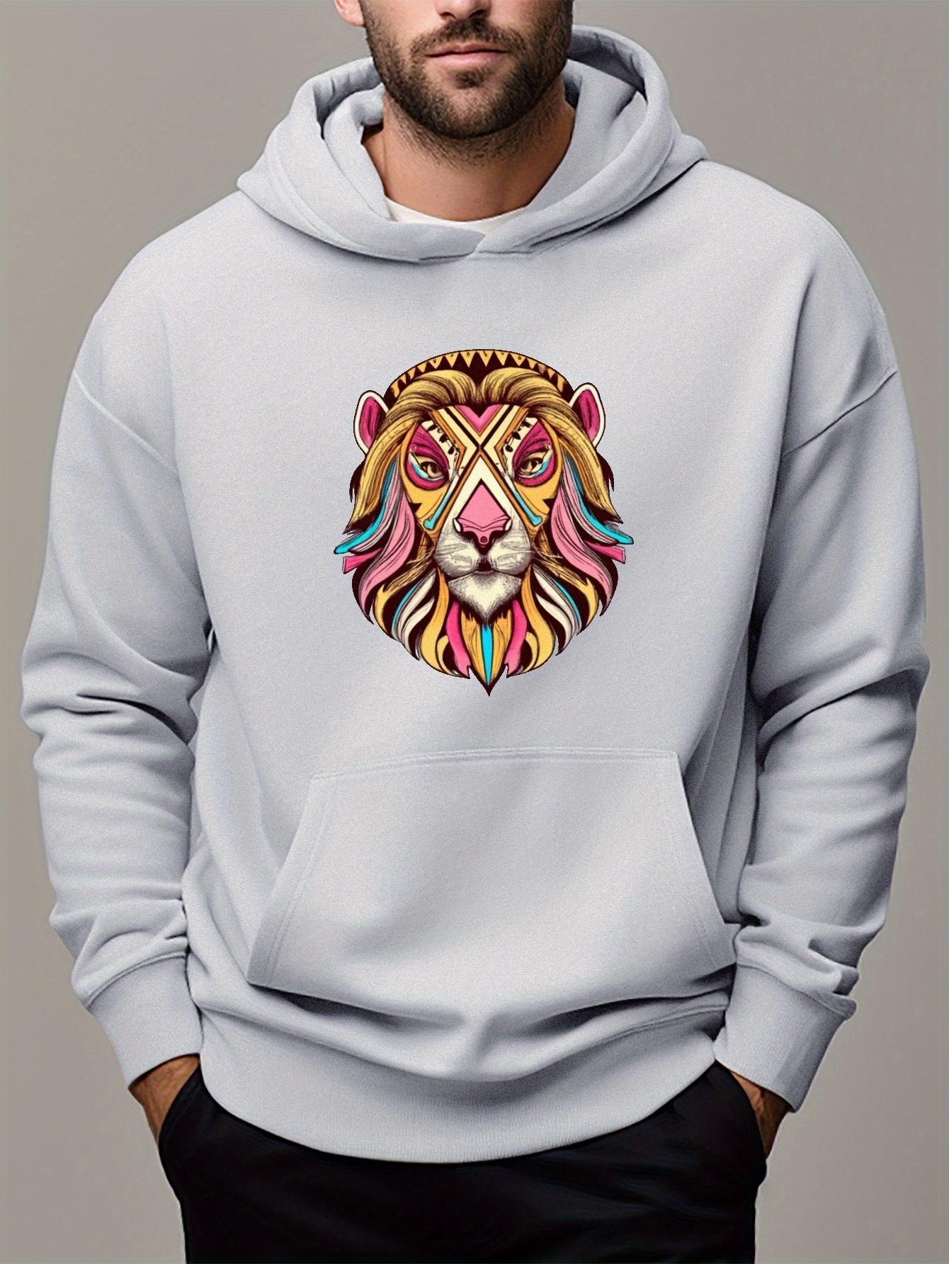 Creative Lion Print Sweatshirt Men's Fleece Long Sleeve - Temu Australia