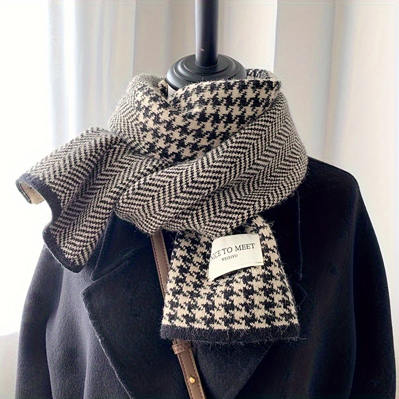 Houndstooth Herringbone Knit Scarf Leisure Style Thick Warm - Temu ...