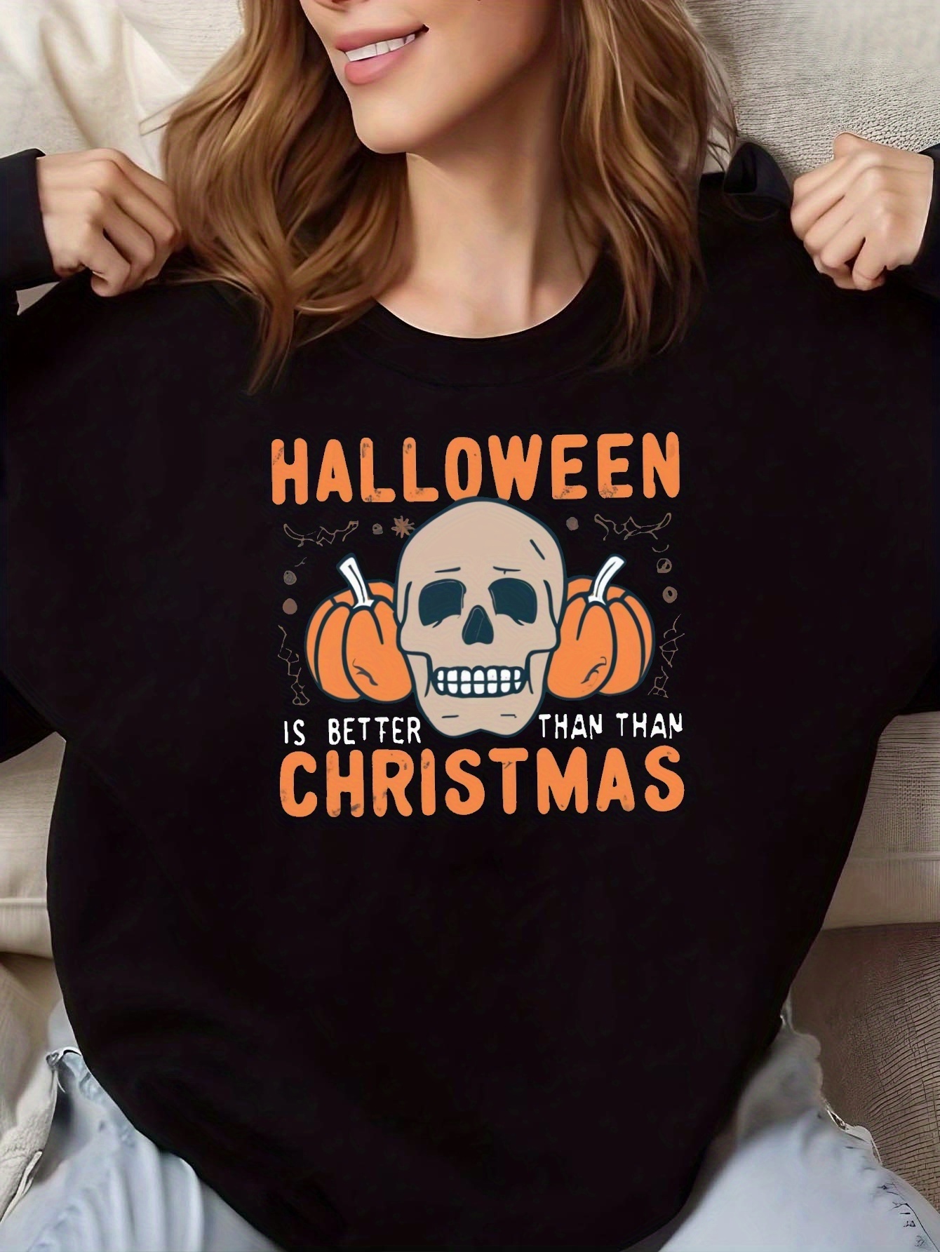 Halloween Skull Pumpkin Print Sweatshirt Crew Neck Casual - Temu Canada