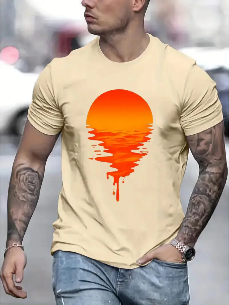 Sunset Print Mens Creative Top Casual Short Sleeve Crew Temu Canada