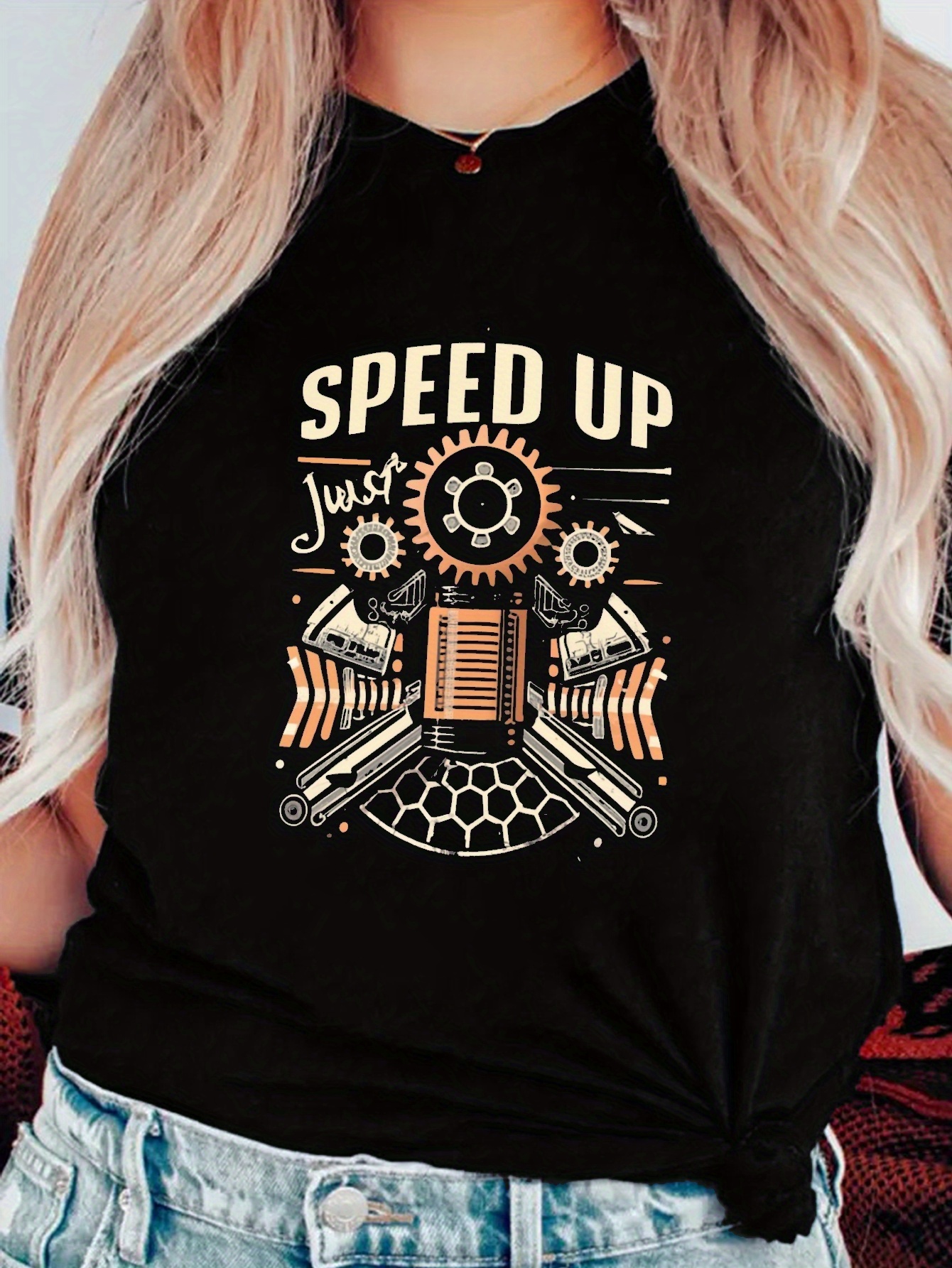 Just Speed Up Print T shirt Kortærmet Afslappet Top Med - Temu Denmark
