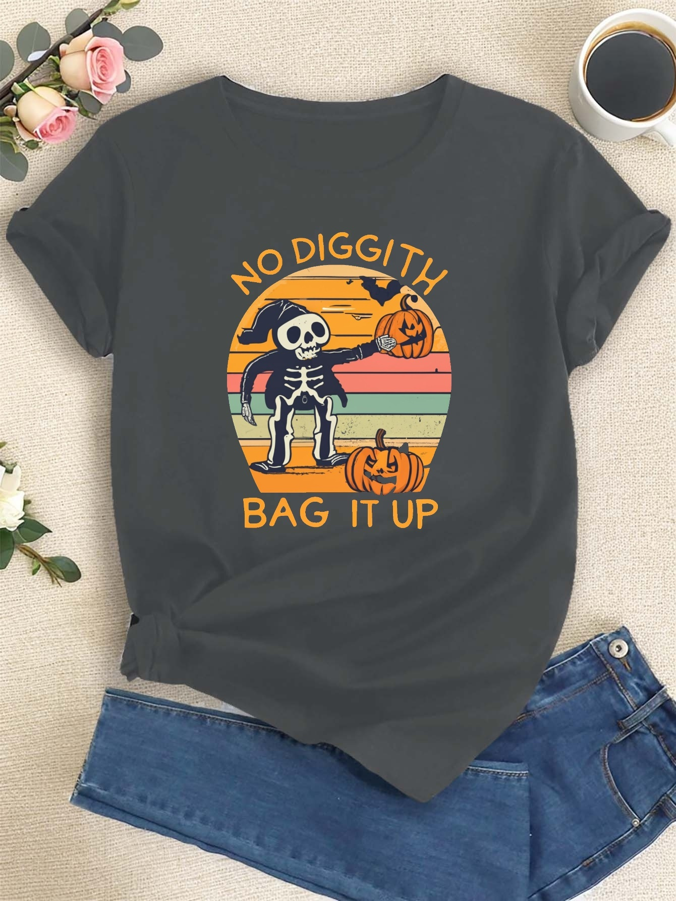 skeleton pumpkin print t shirt short sleeve crew neck casual - Temu ...