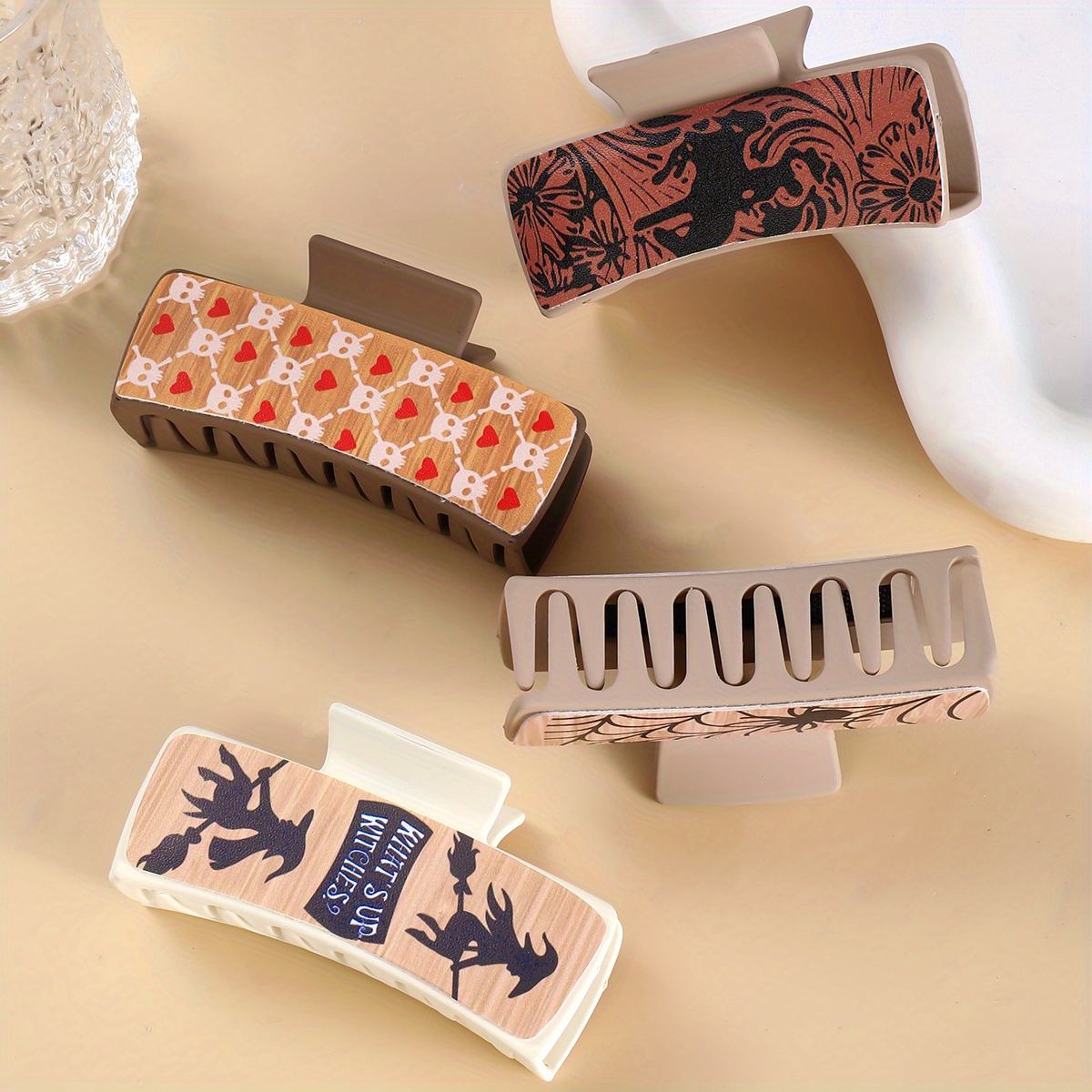 Vintage Rectangle Hair Claw Clip Large Printed Pu Leather - Temu ...